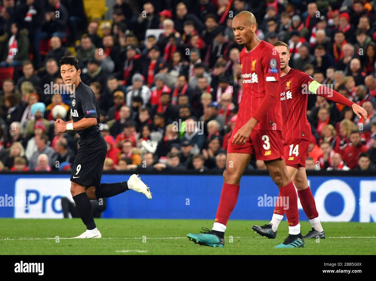 Red Bull Salzburg's Hee-Chan Hwang (left) celebrates scoring his side's ...