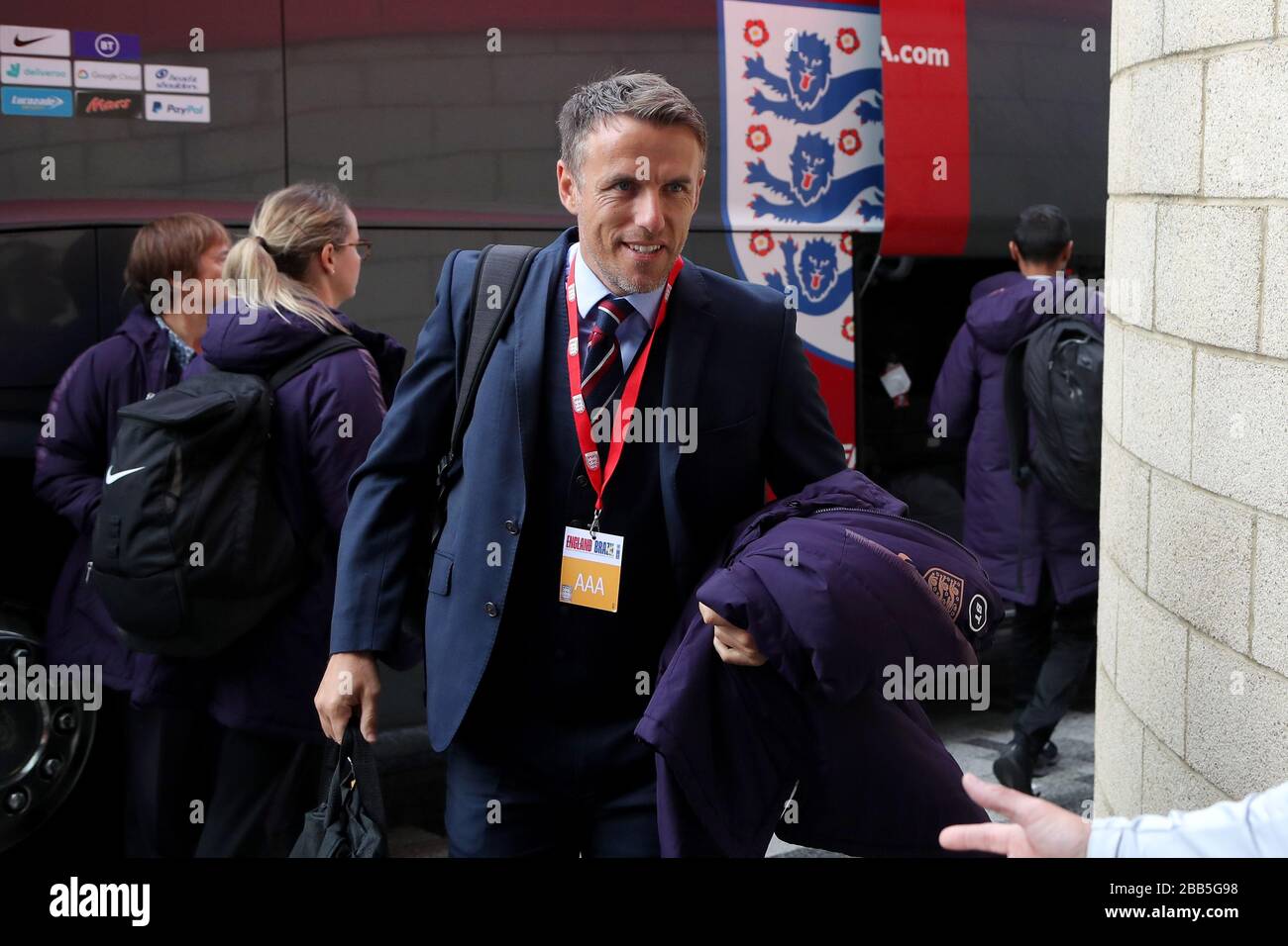 England’s head coach Philip Neville arrives at the Riverside Stadium ...