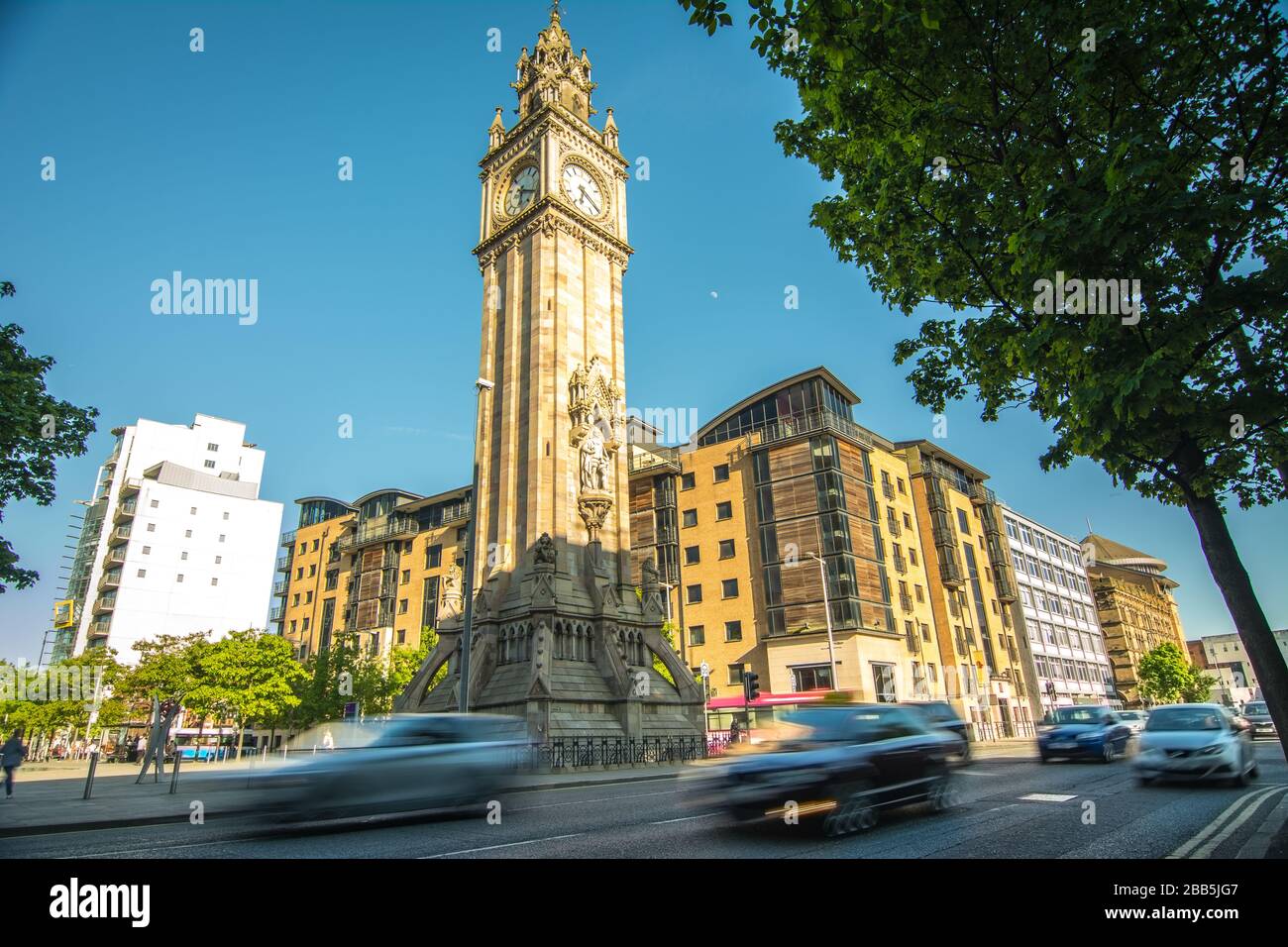 BELFAST, NORTHERN IRELAND- The Albert Memorial Clock on busy motion ...