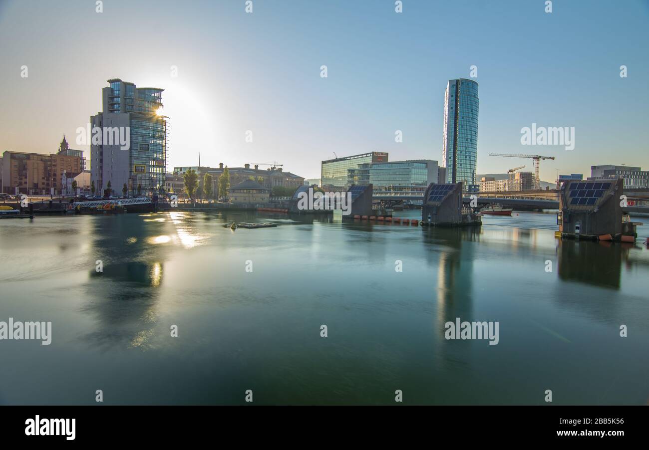Belfast, Northern Ireland- Queens Bridge and the Belfast skyline Stock ...