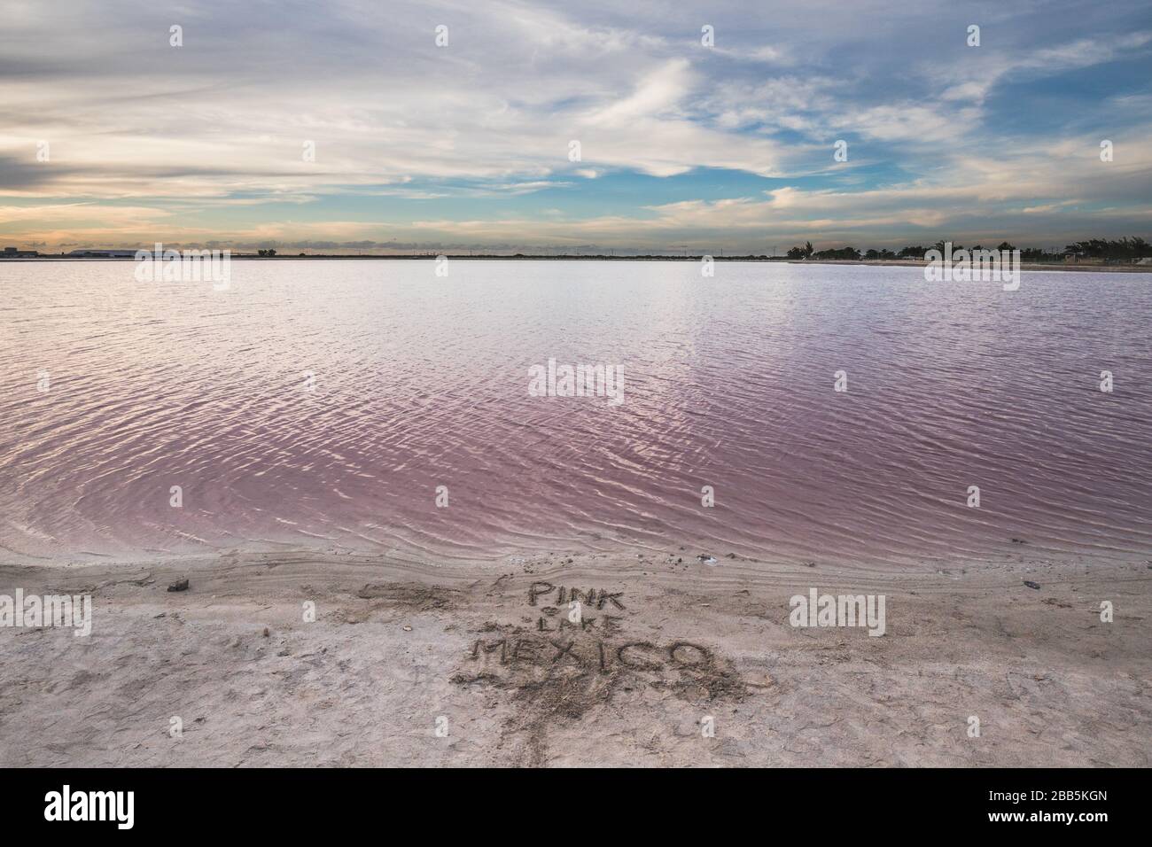 Las Coloradas, salt pink lagoon, beautiful pink water and clear blue ...