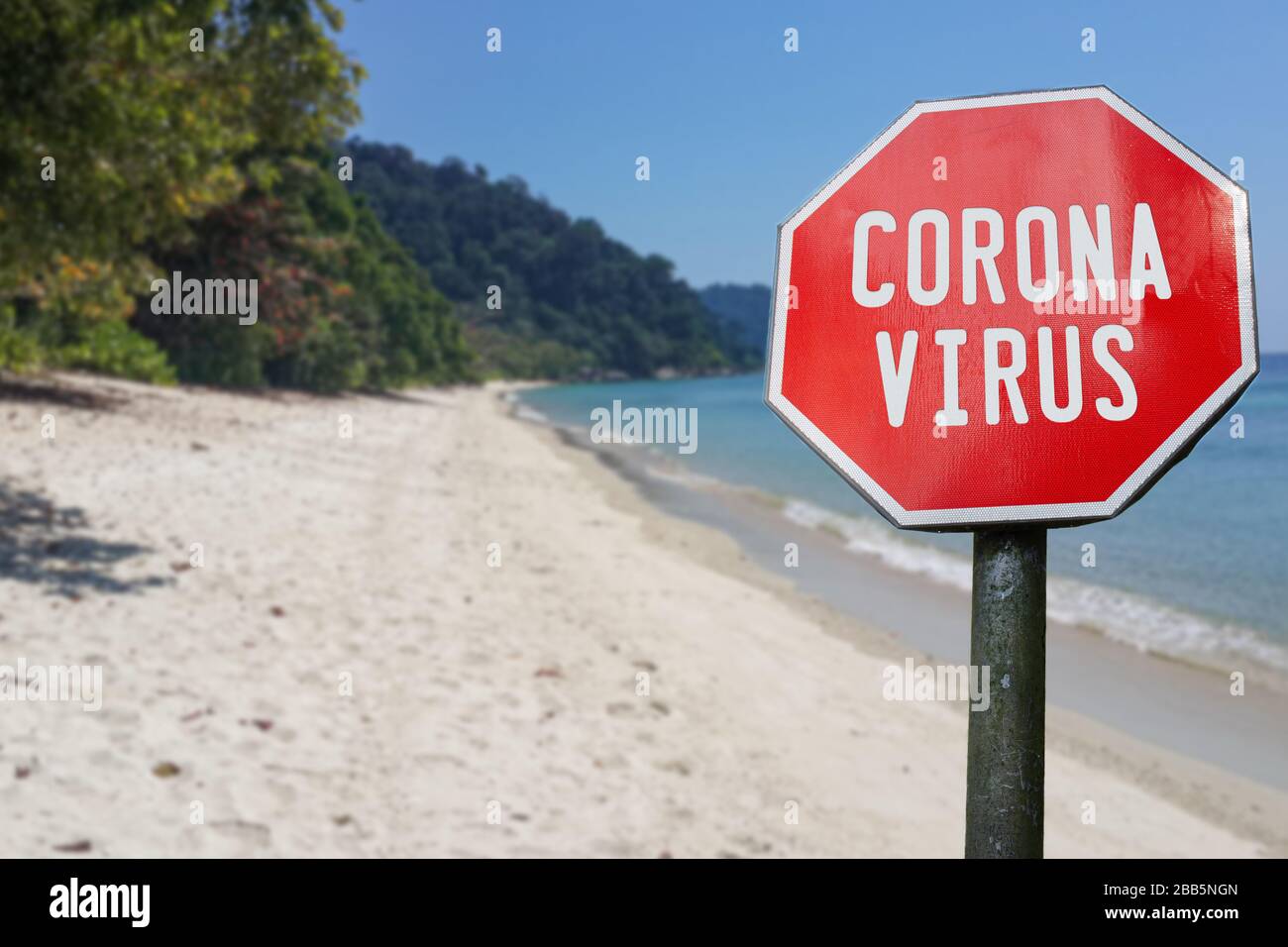 Red corona virus, Covid 19 sign on beach background. Closed facilities ...