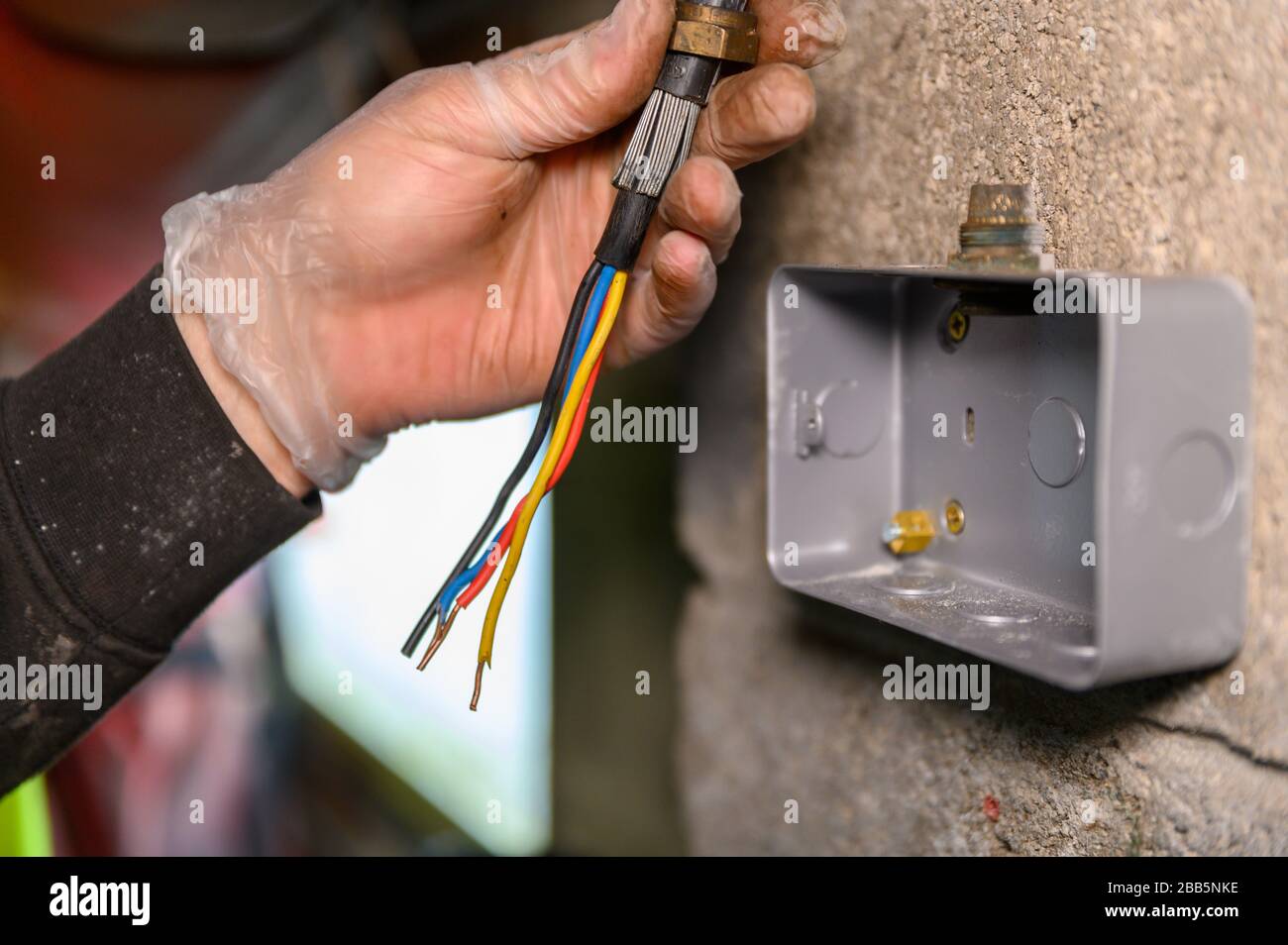 Male electrician holding main power cable ready to be feeded into plug ...