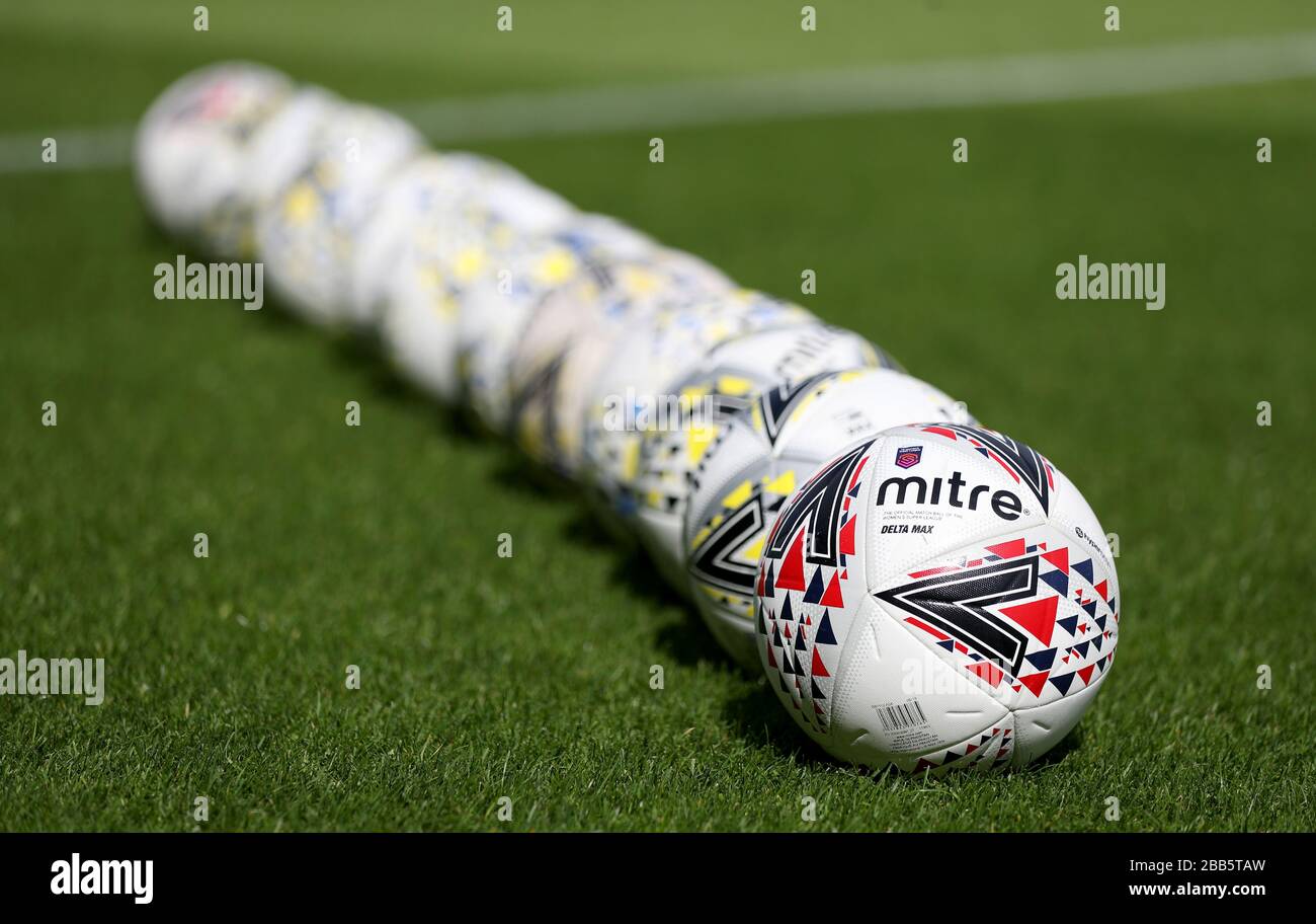 A general view of Mitre footballs on the pitch prior to the match Stock ...