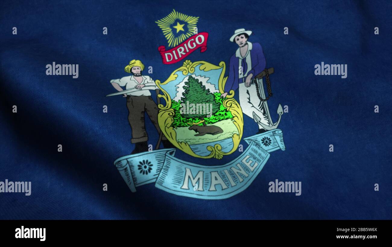 Maine State flag waving in the wind. National flag of Maine. Sign of ...
