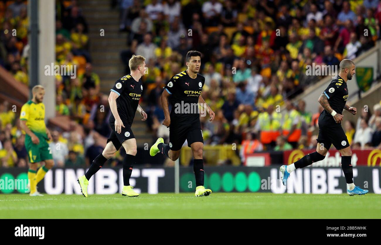 Manchester City's Rodrigo celebrates scoring his side's second goal of ...