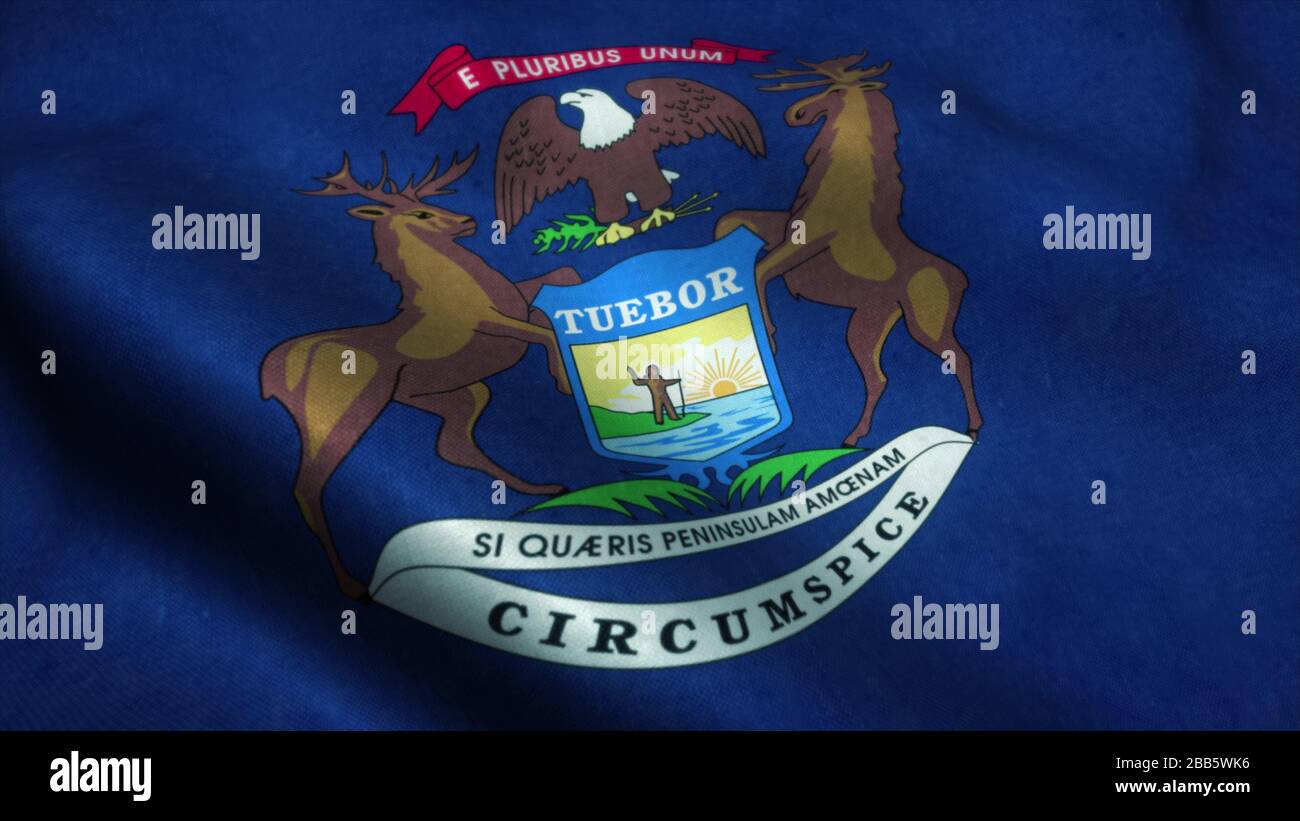 Michigan State flag waving in the wind. National flag of Michigan. Sign ...