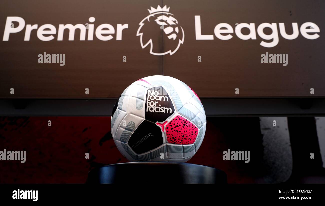 A general view of the No room for racism logo on the matchday ball ...