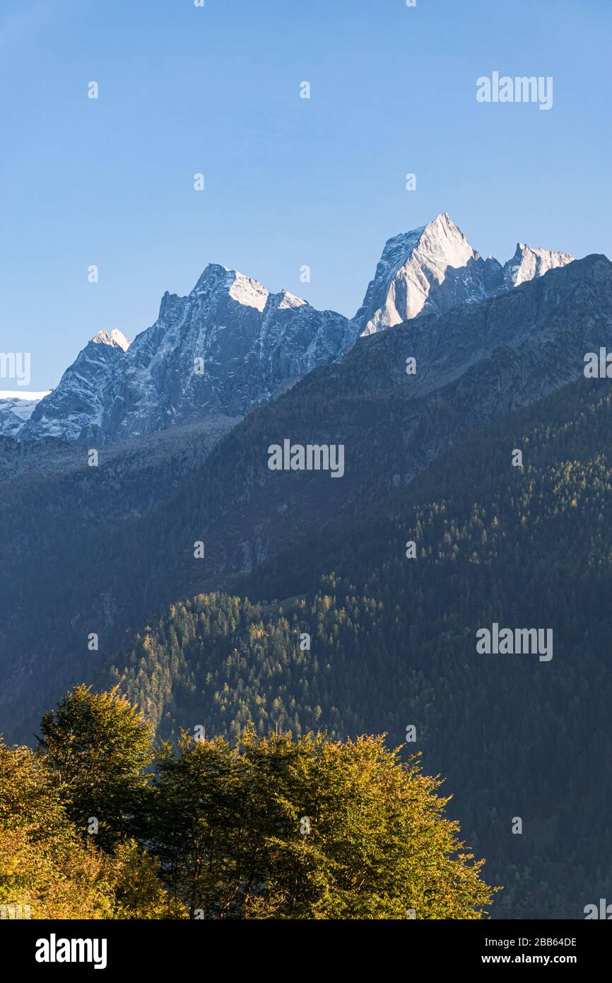 The nature of the Swiss Alps, at sunset, near the village of Soglio ...