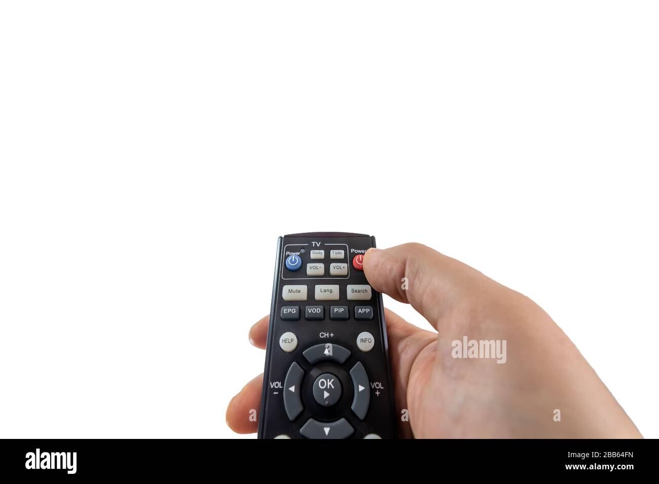 Person poining a TV remote and pressing the power button isolated on ...