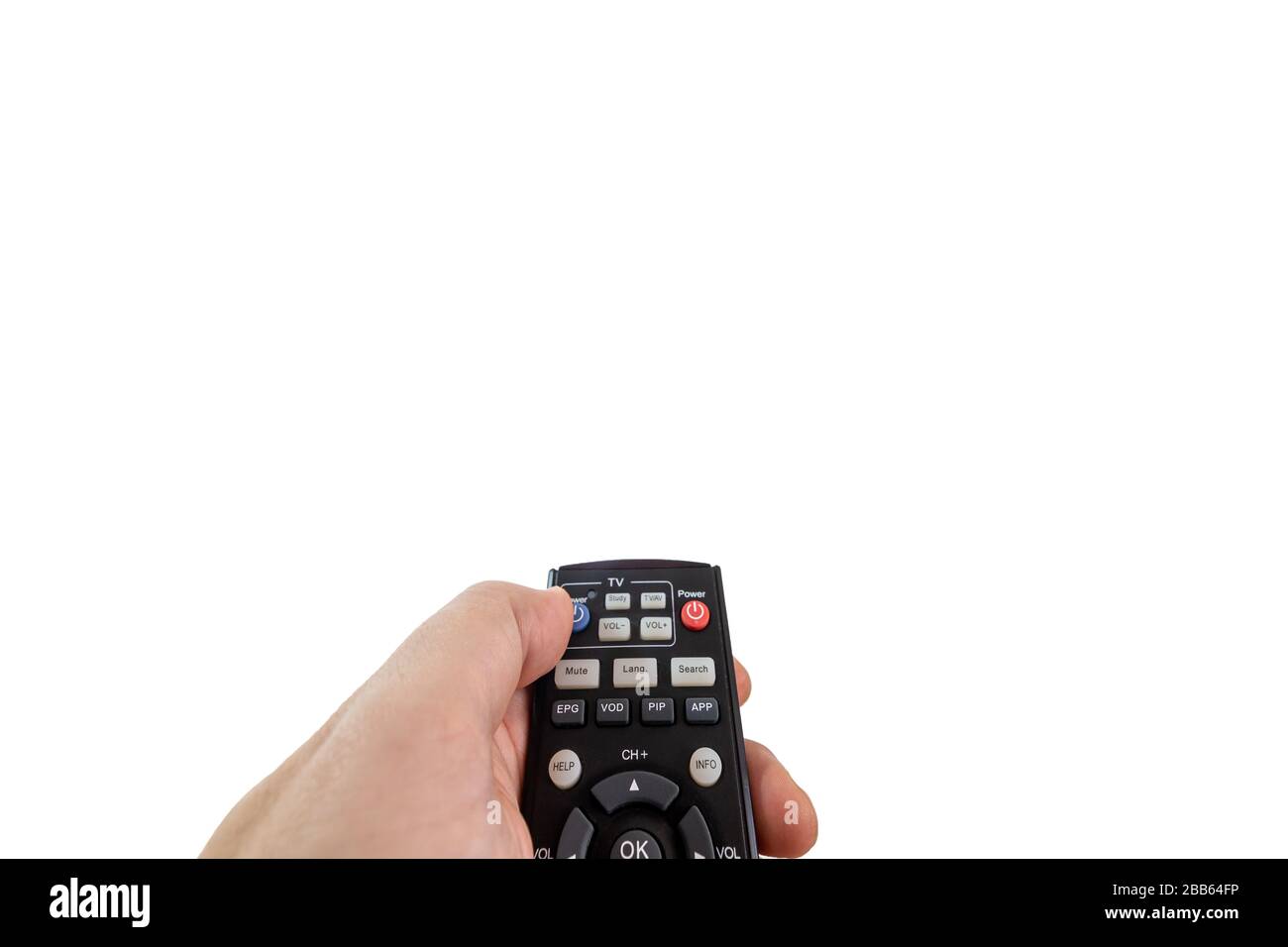 Person poining a TV remote and pressing the power button isolated on ...