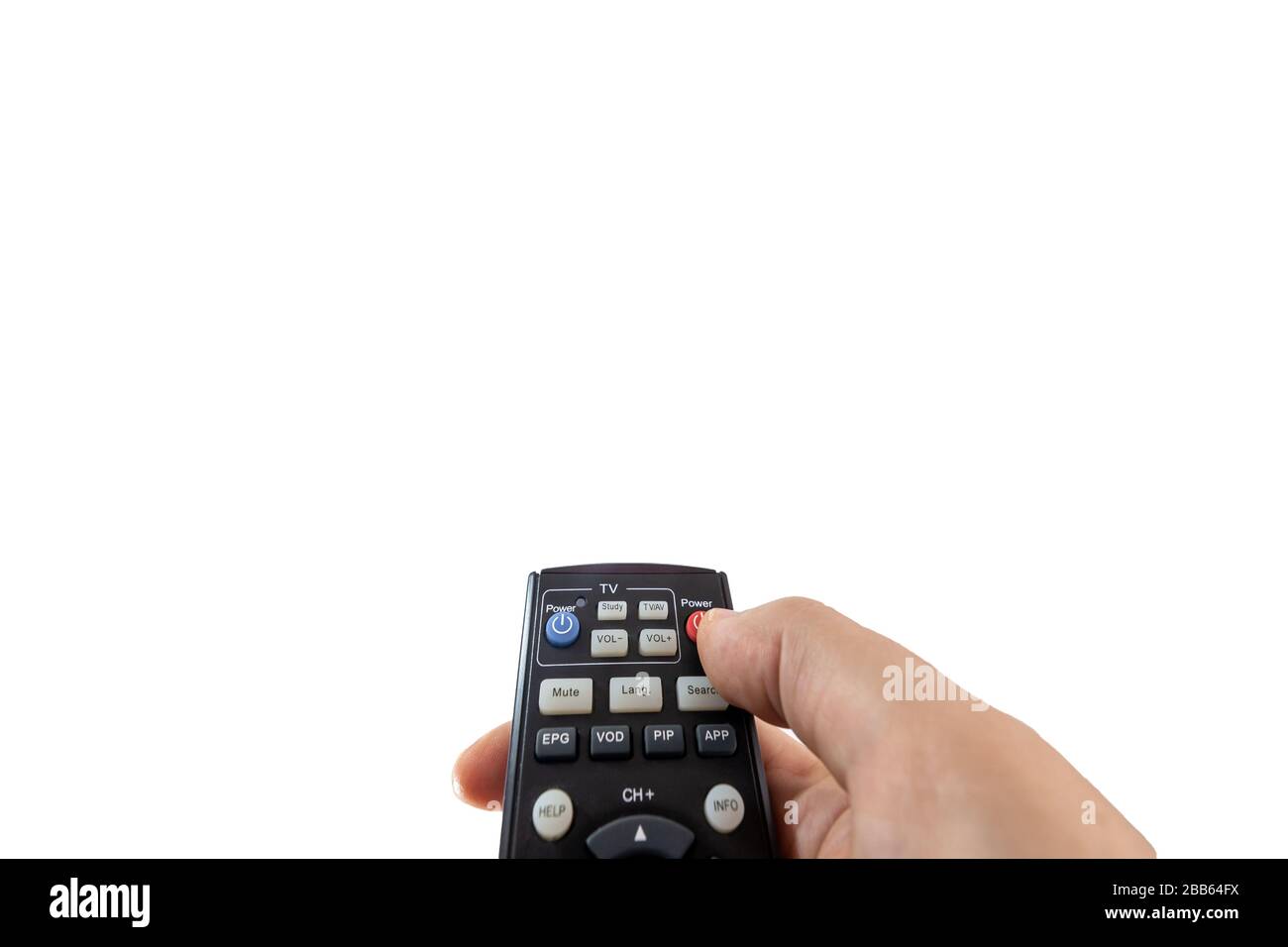 Person poining a TV remote and pressing the power button isolated on ...