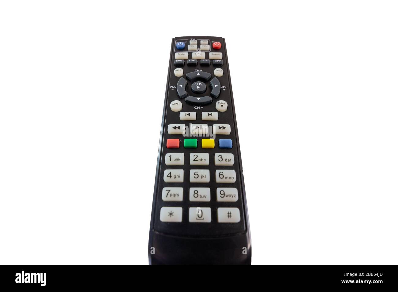 Person poining a TV remote and pressing the power button isolated on ...
