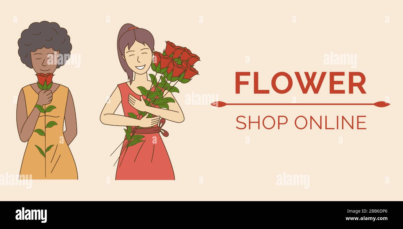 Flower shop poster template. Young women holding bouquets of roses ...