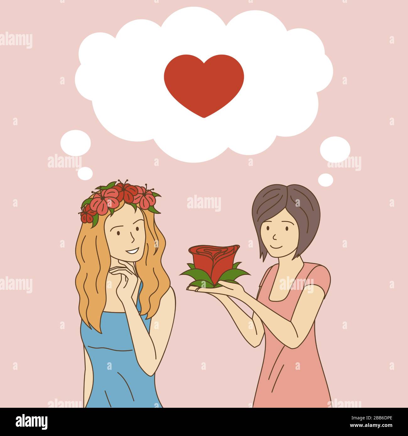 Flower day flyer design template. Two young women watching on rosebud ...