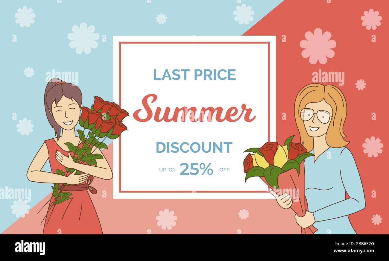 Summer sale vector banner template with text space. Young smiling women ...