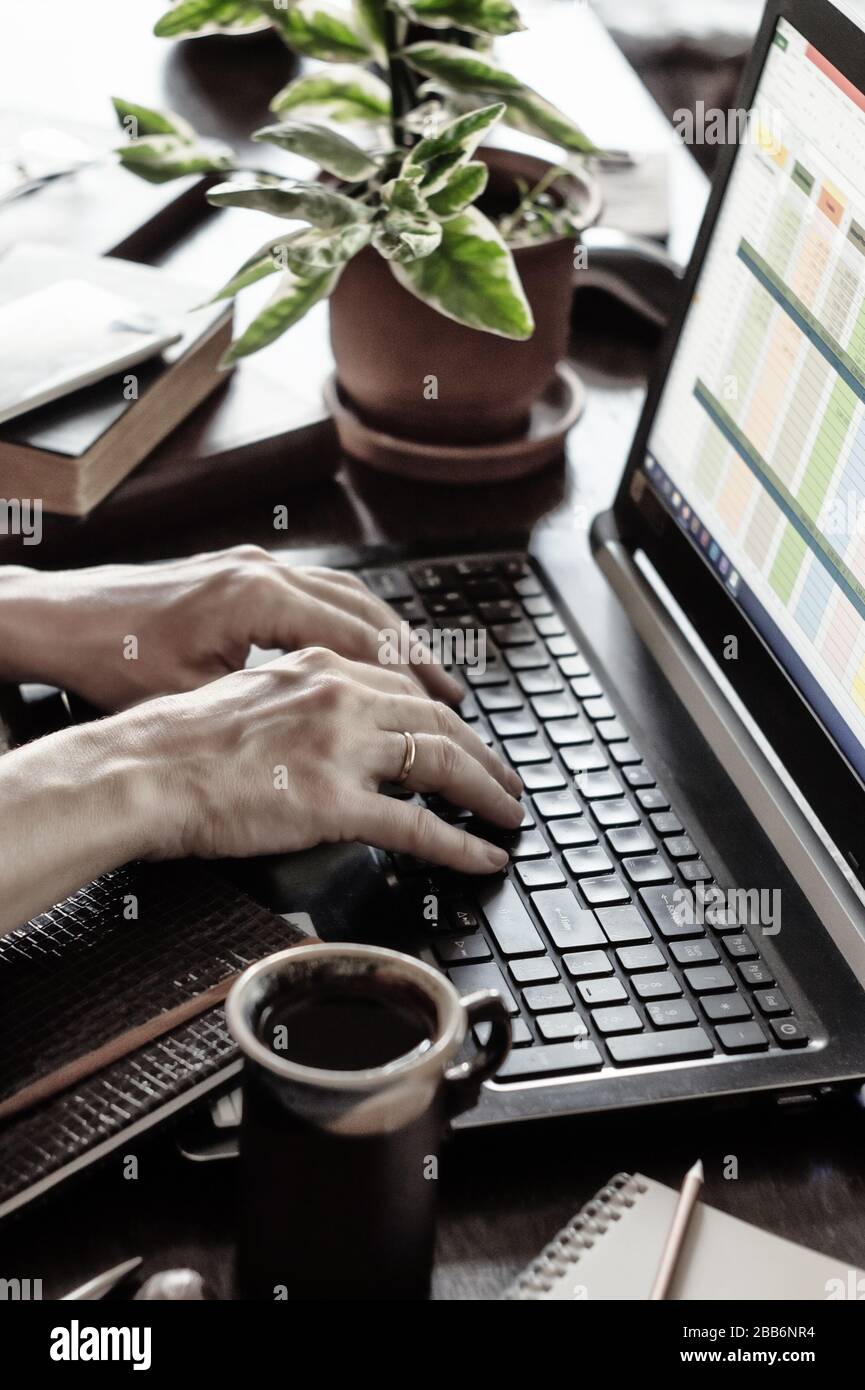 Woman freelancer works on laptop keyboard in home office Stock Photo ...