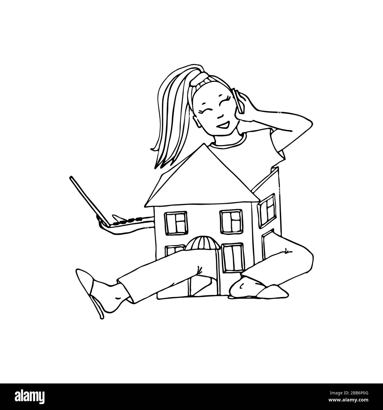 Girl working from home or remotely in house with phone and laptop. Hand ...