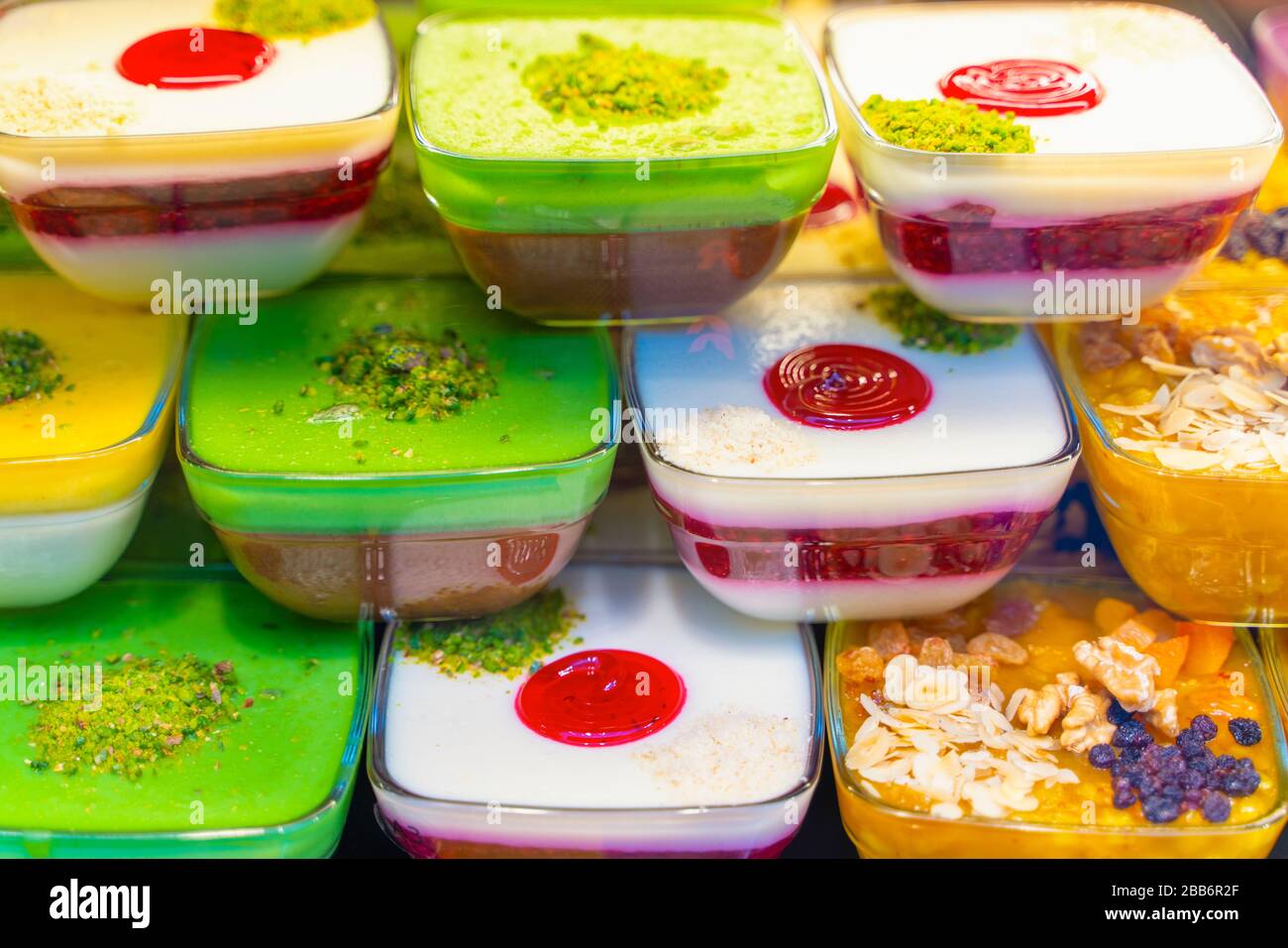 Variety of Turkish made deserts displayed on the window of a pastry ...