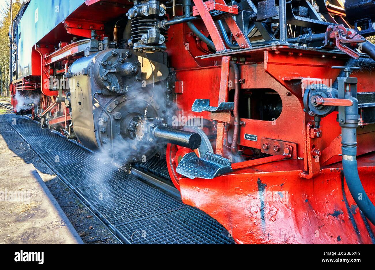 Detail of the technology of a steam locomotive at the train station ...
