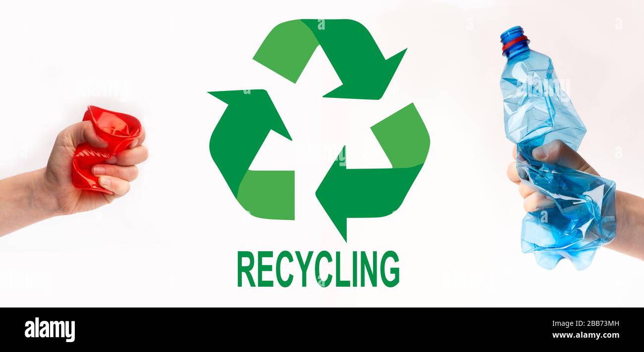 Waste utilization. People holding plastic trash and recycling symbol on ...