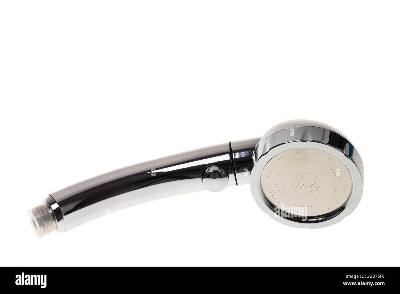 Close up view of silver colored shower head on white background ...