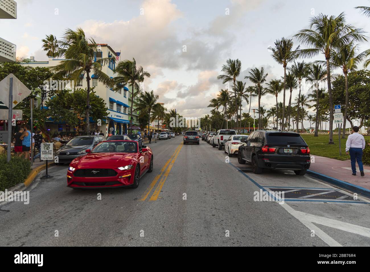Landscape view of street of Miami. Colorful buildings on blue sky with ...