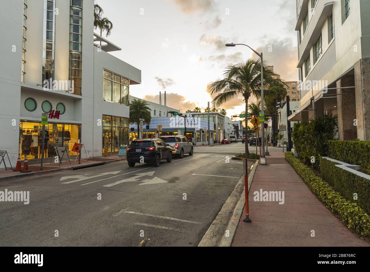 Landscape view of street of Miami. Colorful buildings on blue sky with ...