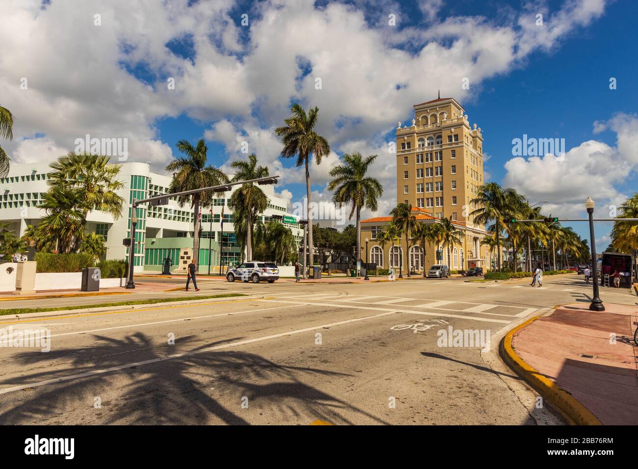 Landscape view of street of Miami. Colorful buildings on blue sky with ...