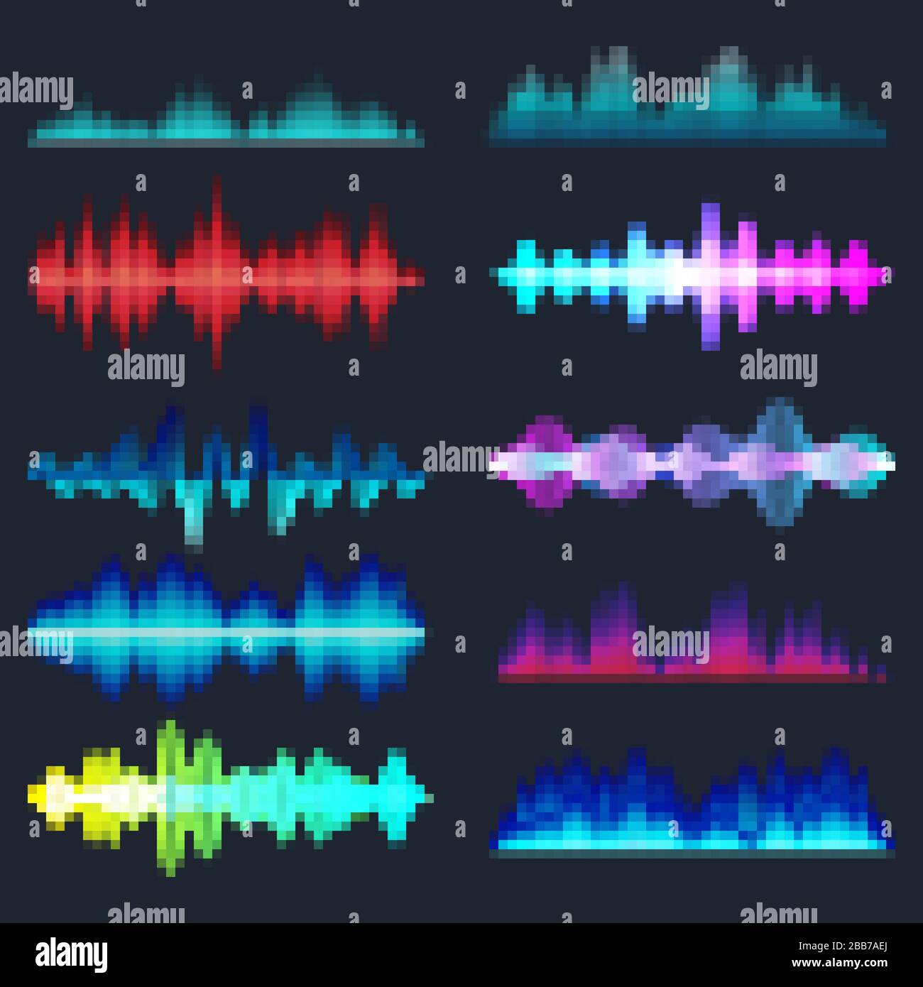 Colored sound waves collection. Analog and digital audio signal. Music ...