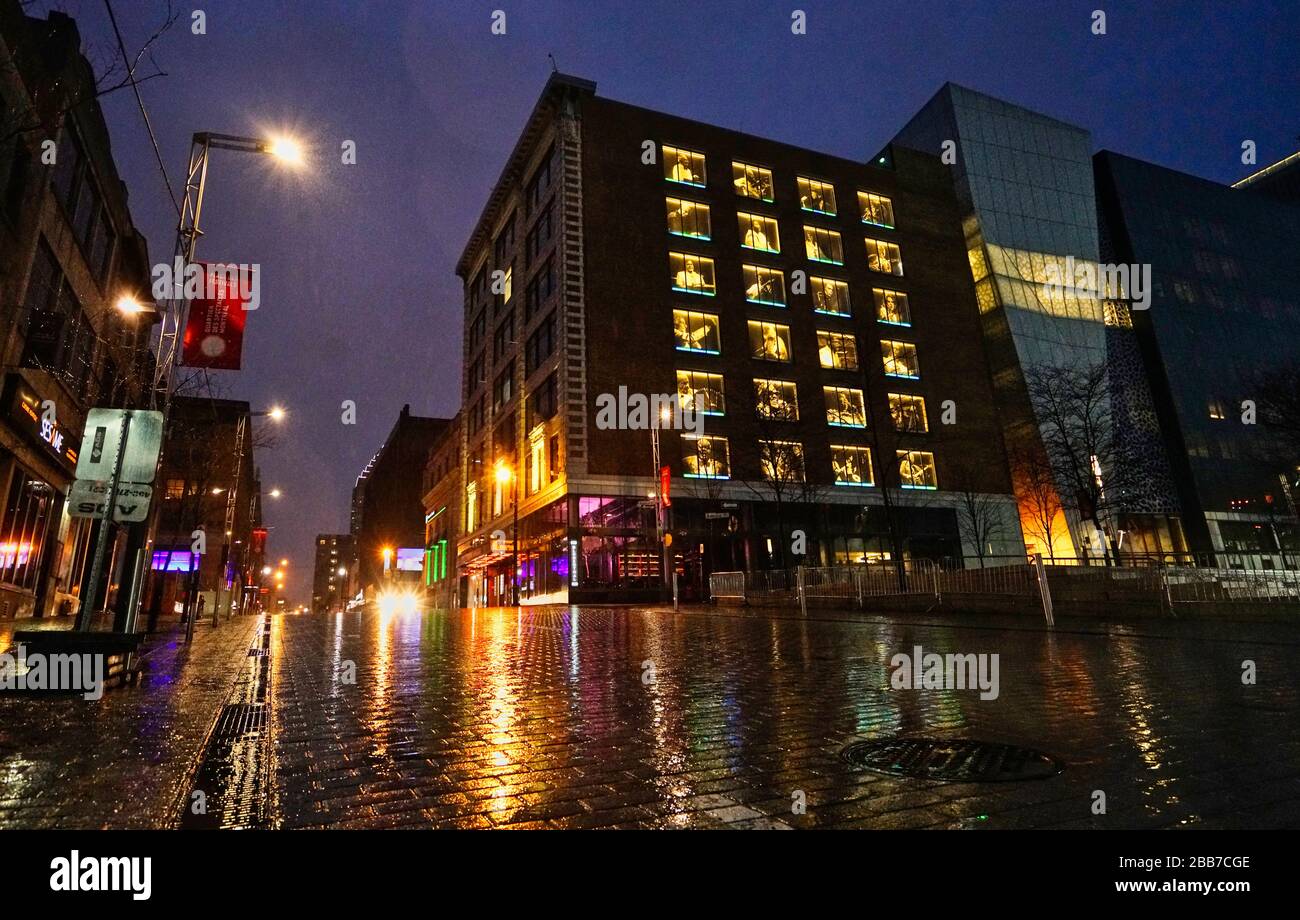 Montreal,Quebec,Canada,March 29, 2020.Street lights reflect in rain ...