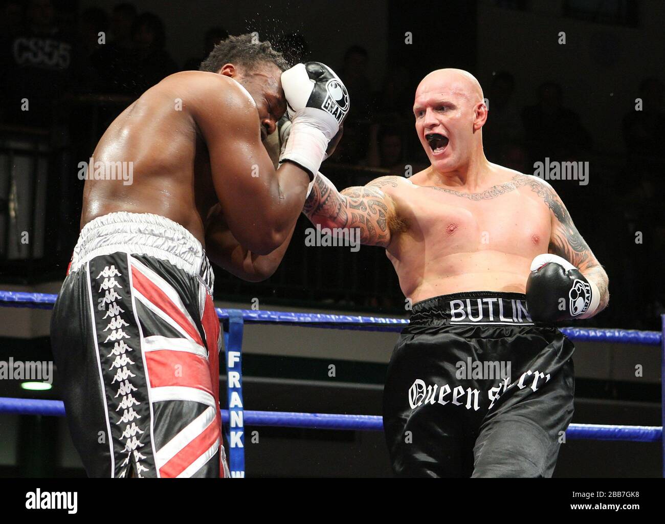 Derek Chisora (Finchley, Union Jack shorts) defeats Paul Butlin (Melton ...