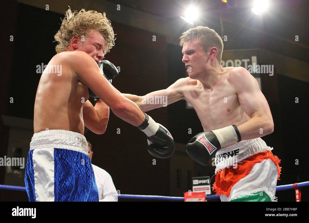Phill Fury (blue shorts) defeats Louis Byrne in a Boxing contest at the ...
