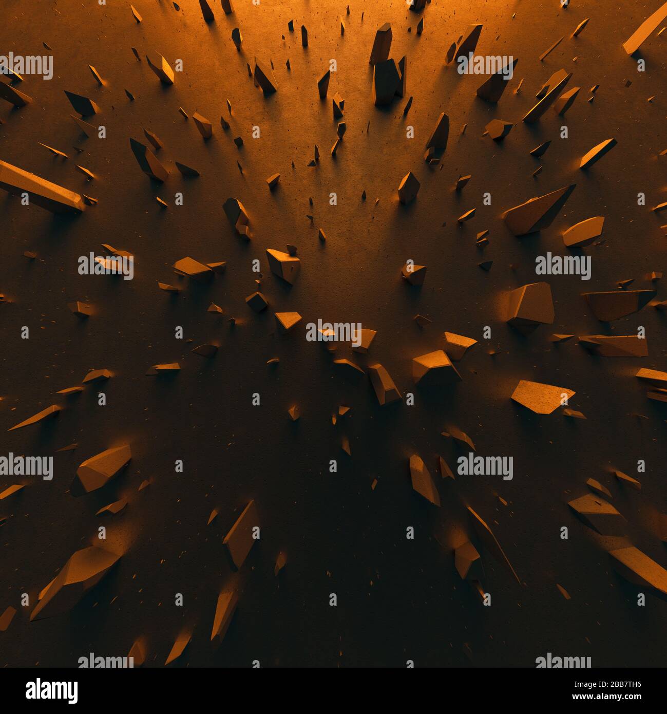 Concrete ground with spiky debris scattered around. Golden hour light ...