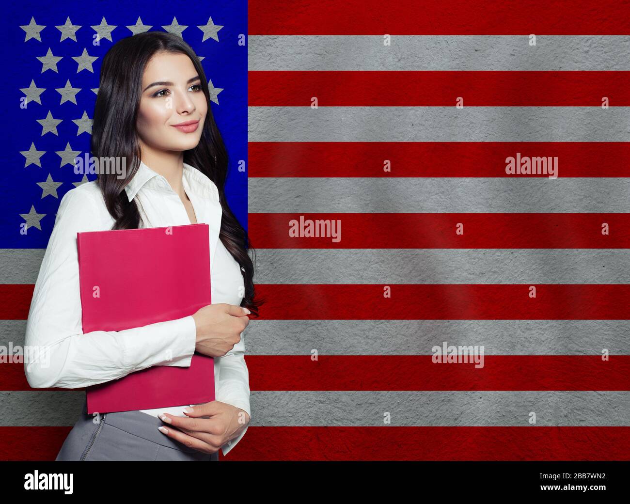 Woman with US flag. Distance learning in United States of America Stock ...