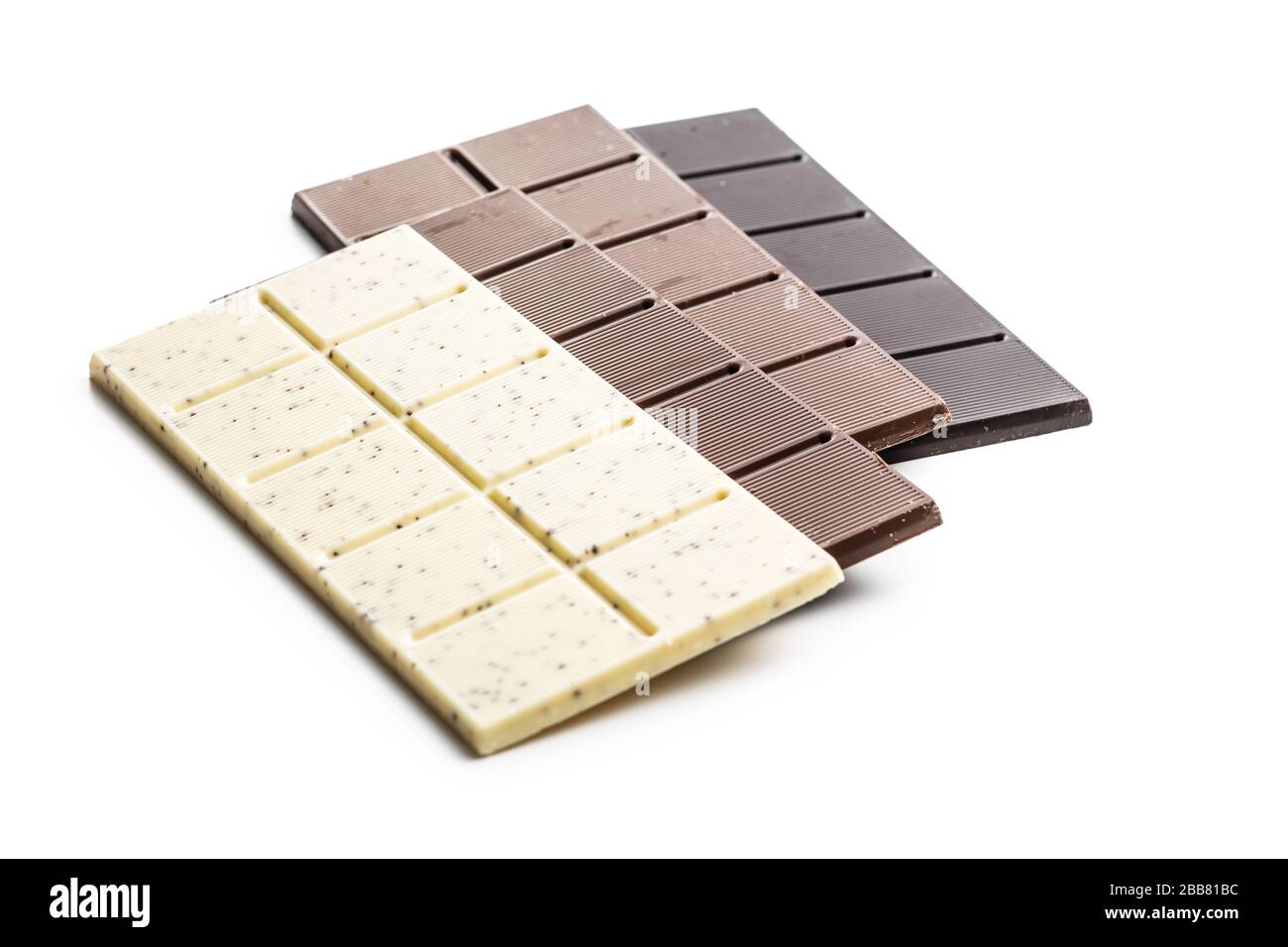 Dark, milk and white chocolate bars isolated on white background Stock ...