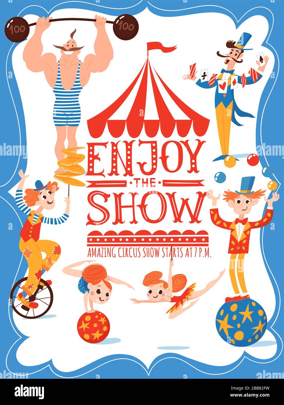 Circus vector poster with lettering and cartoon cute characters Stock ...