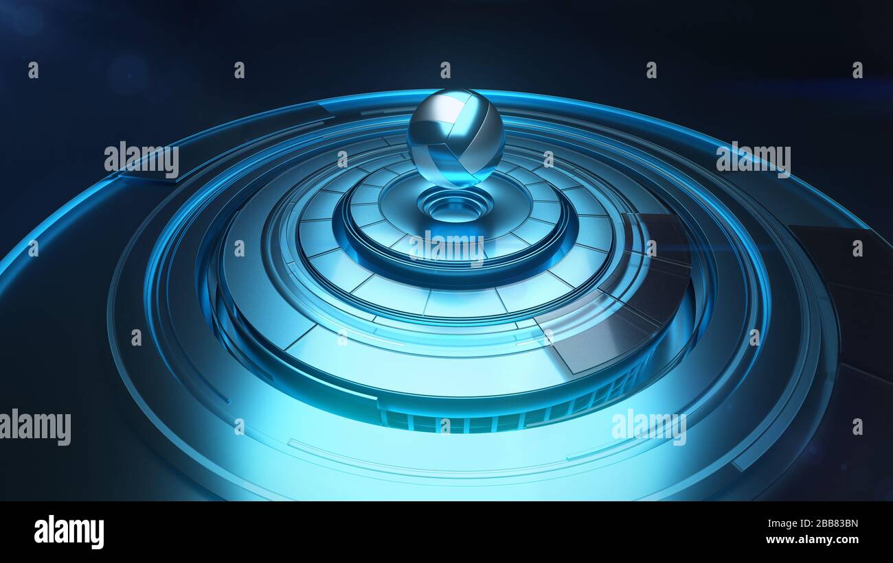 Modern 3D projection of volleyball ball above rotating platform in blue ...