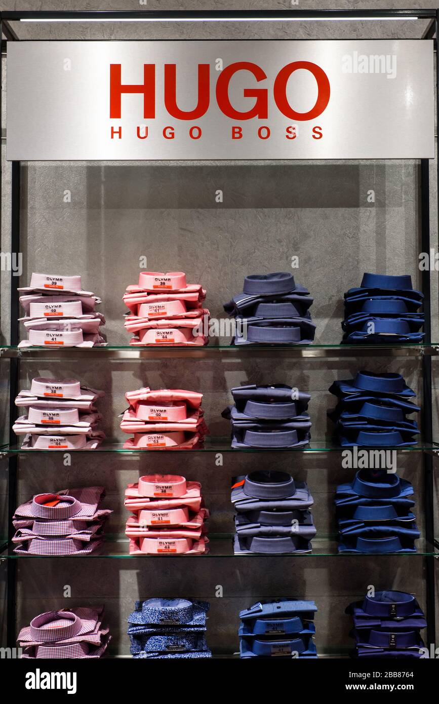 RIGA, LATVIA. 4th April 2019. HUGO BOSS company logo at store. Hugo ...