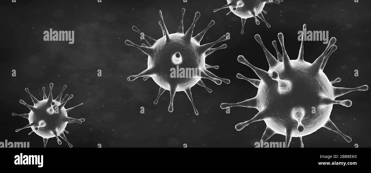 Microscopic view of influenza virus cells. 3D medical illustration ...