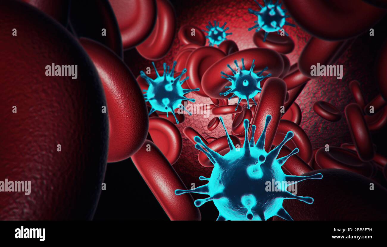 Microscopic view of influenza virus cells. 3D medical illustration ...