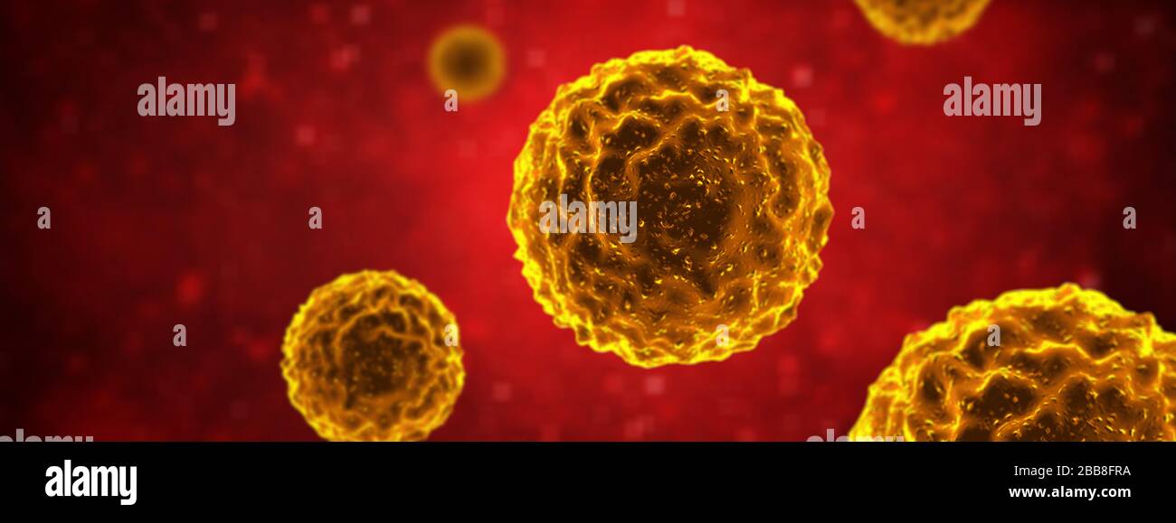 Microscopic view of influenza virus cells. 3D medical illustration ...