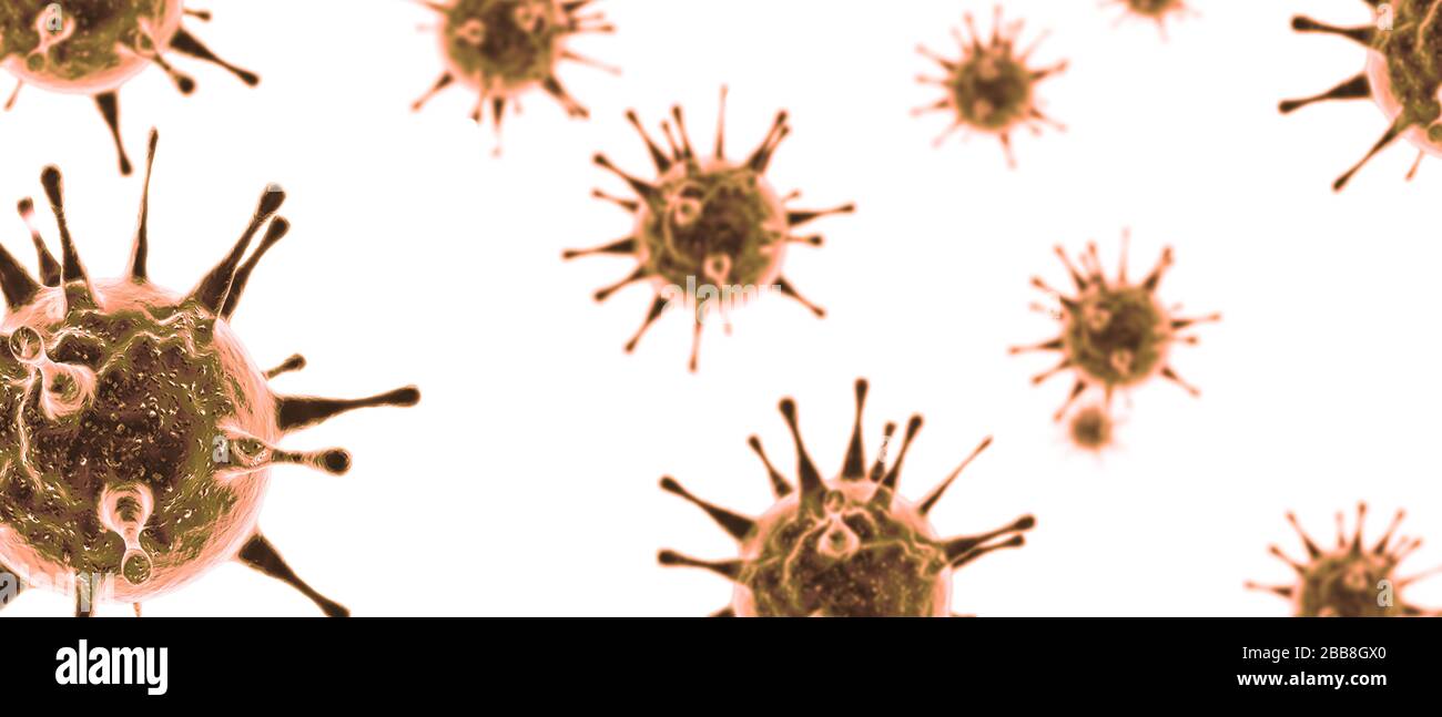 Microscopic view of influenza virus cells. 3D medical illustration ...