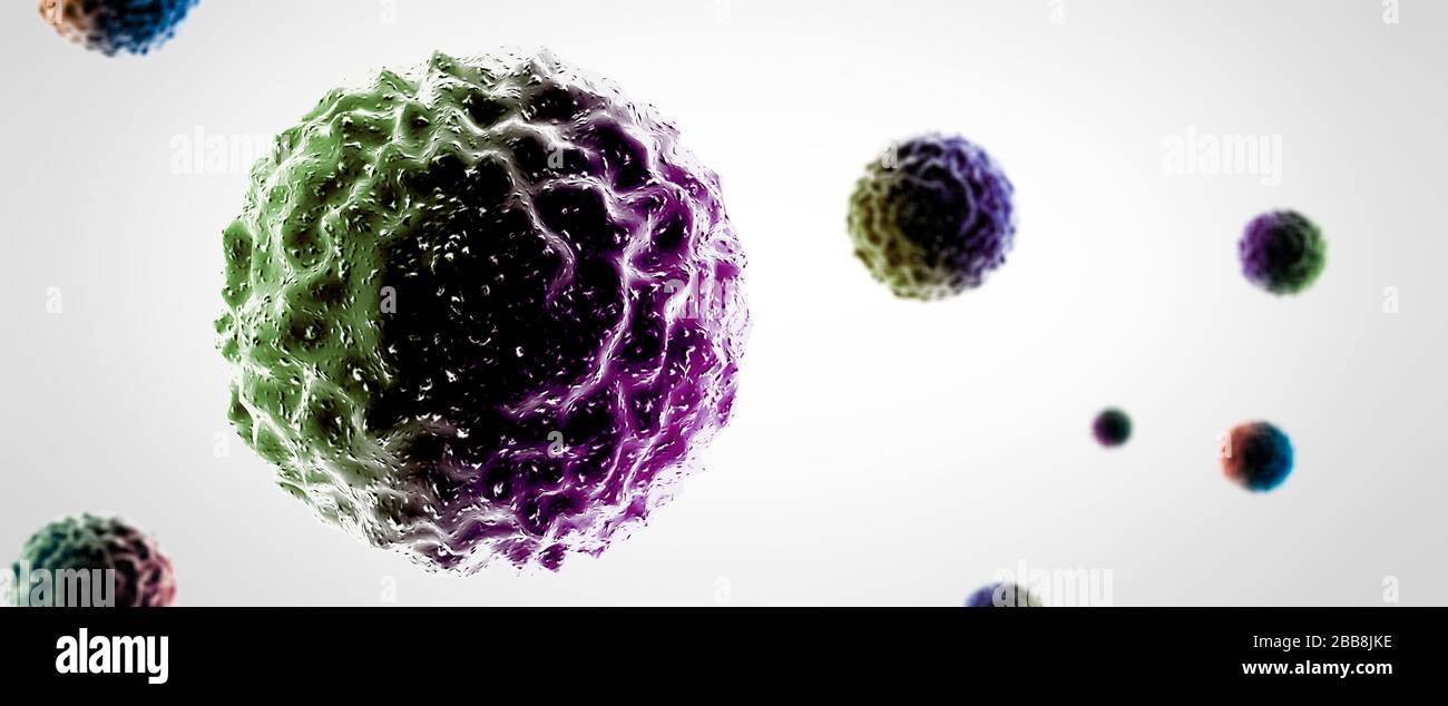 Microscopic view of influenza virus cells. 3D medical illustration ...