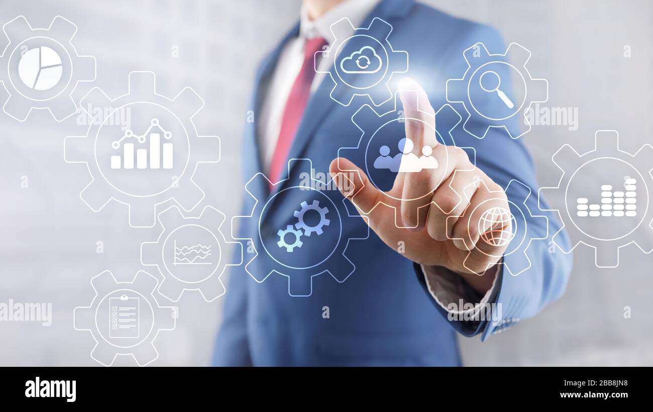 Business process abstract diagram with gears and icons. Workflow and ...