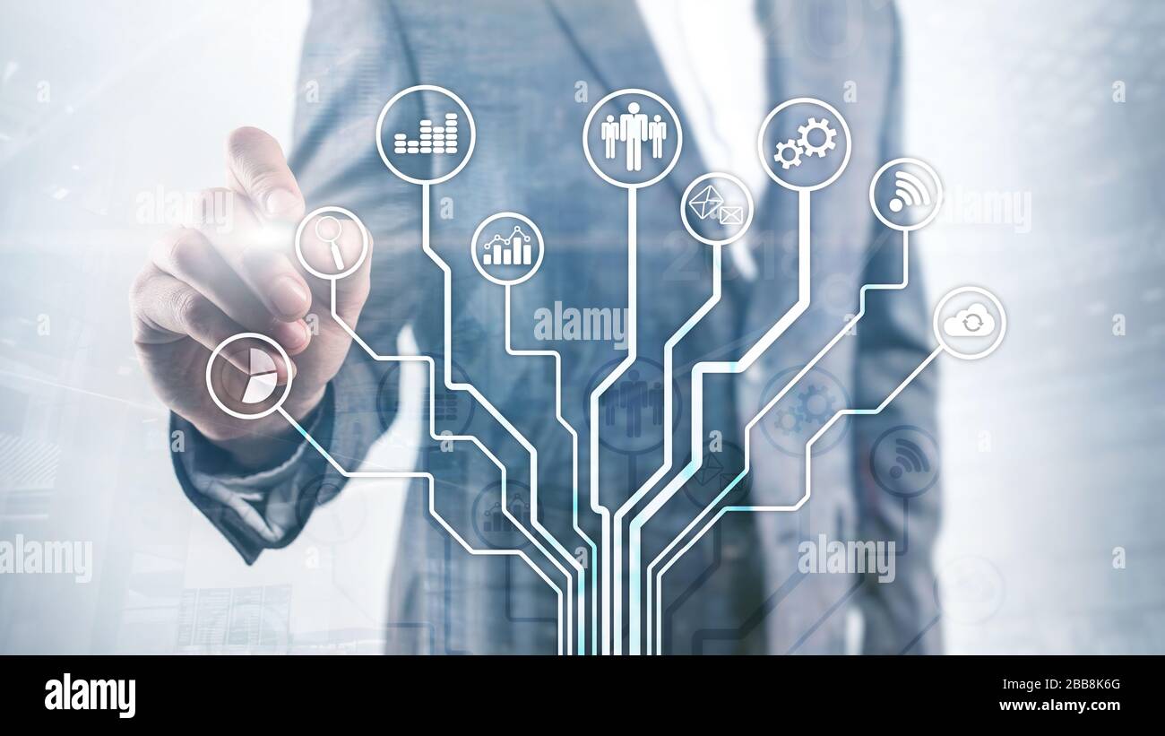 Business applications icons on blurred background. Financial and ...