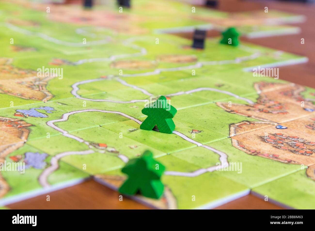 Close-up of Carcassone board game meeple meeples 'followers' on land ...