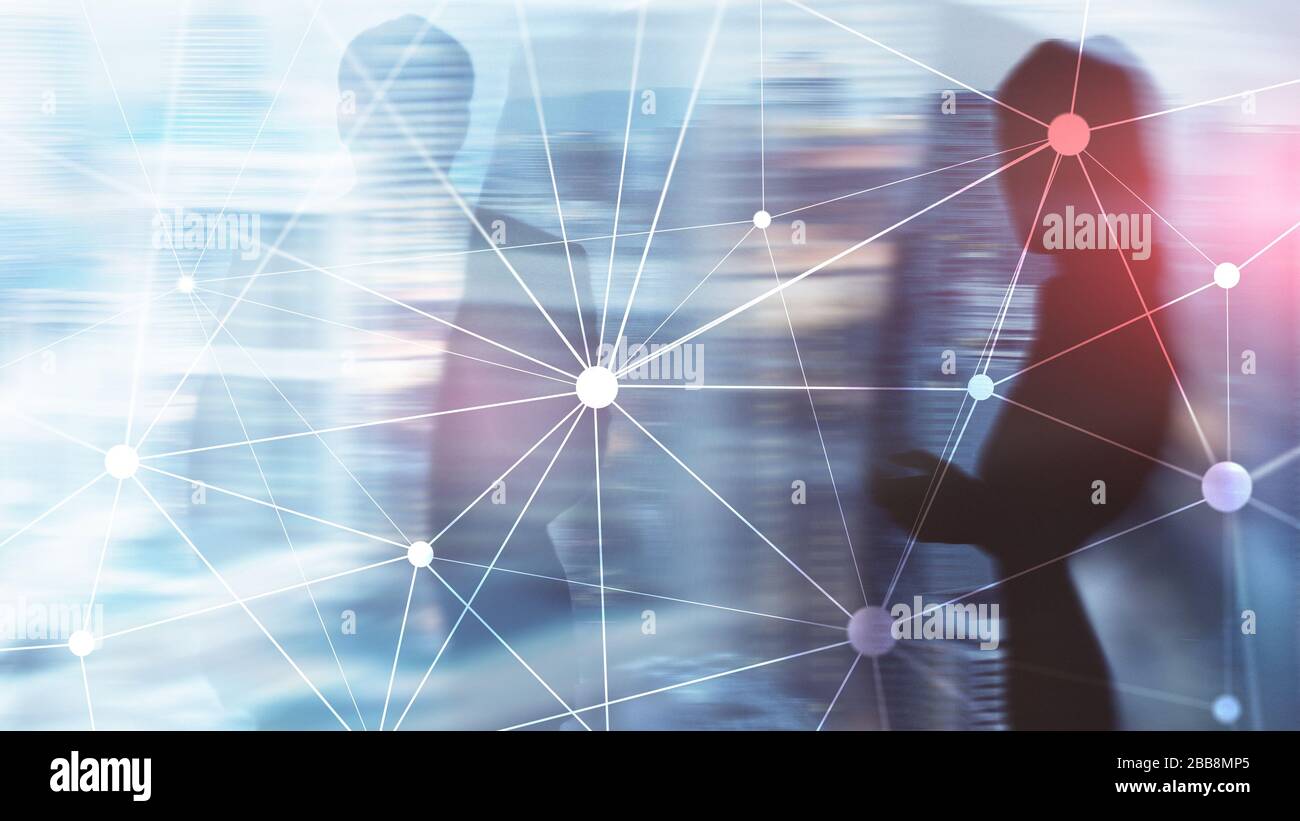 Blockchain network on blurred skyscrapers background. Financial ...
