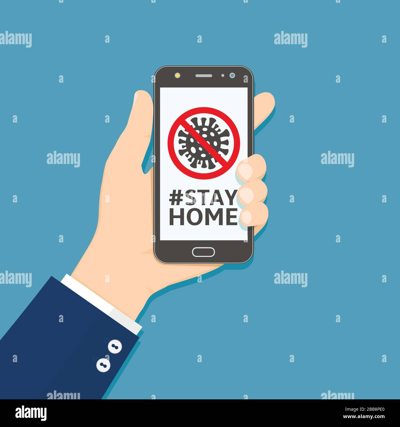 Hand holding smartphone with stay home hashtag on screen Stock Vector ...