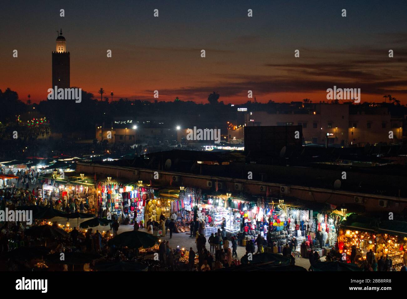 The Jemaa el-Fna Market by night in Marrakesh, viewed from a rooftop ...